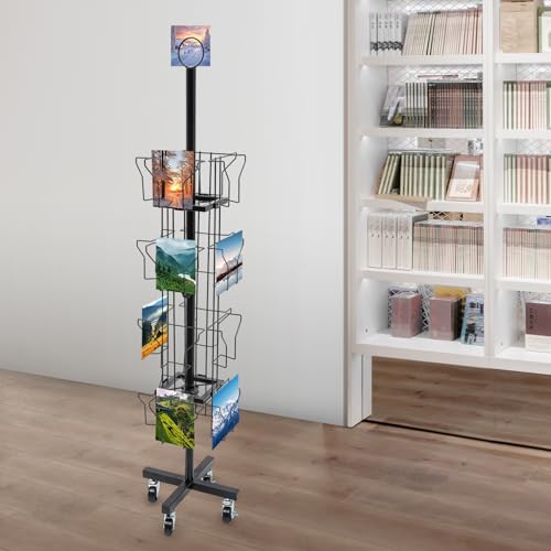 Fichiouy 4FT Tall 16 Pockets Rotating Greeting Card Rack On Wheels, Pocket Rotating Holder Pocket Size(L*H): 15*10cm/5.91*3.94in (Black)