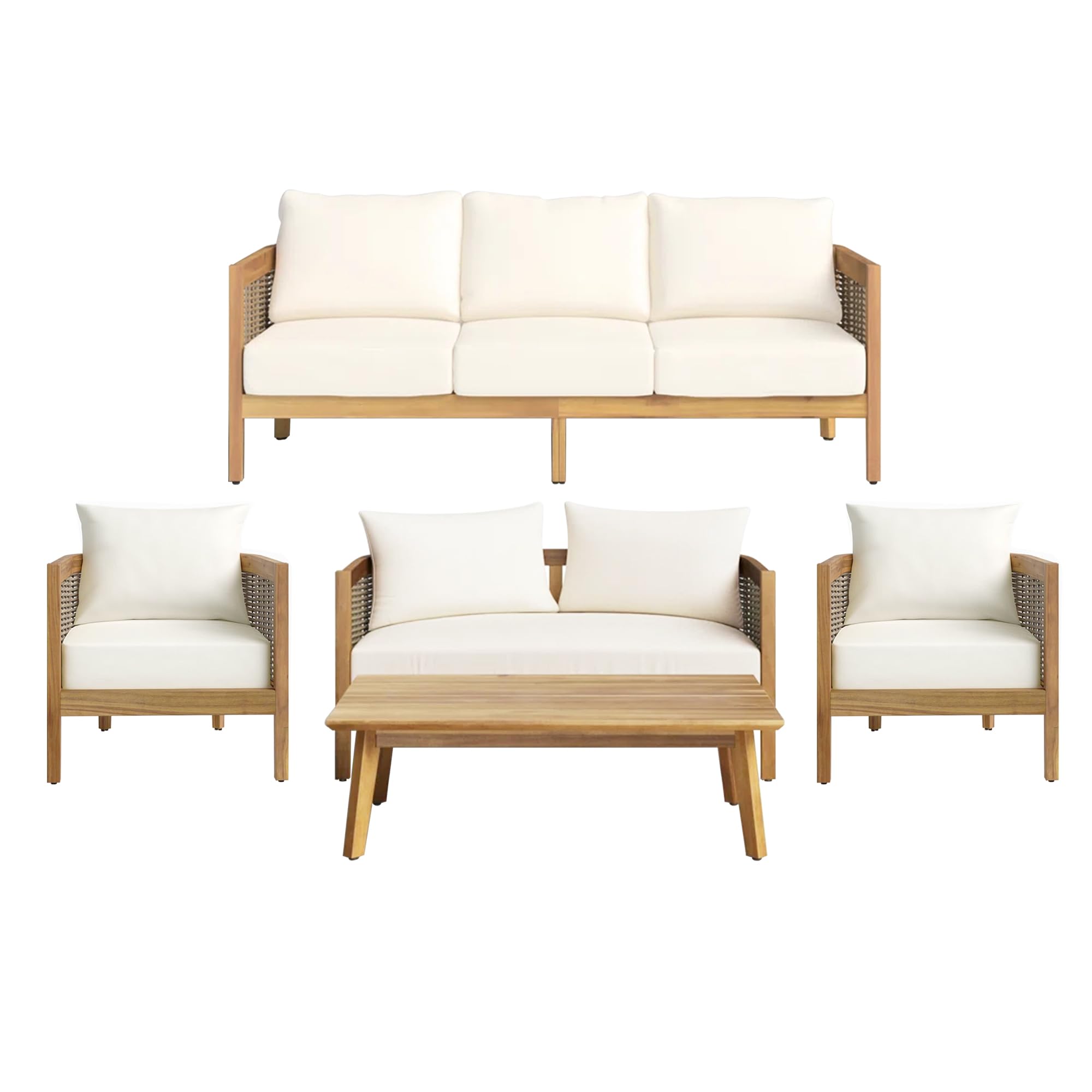 Merax Patio Furniture 5-Piece Outdoor Acacia Wood Wicker Conversation Set with 3 Seater Sofa,Loveseat,2 Chairs and Coffetable for Backyard, Beige