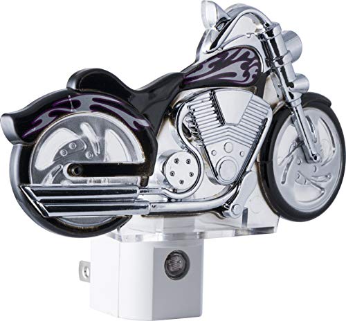 GE LED Motorcycle Night Light, Plug-In, Dusk-to-Dawn Sensor, Auto On/Off, Energy-Efficient, Soft White, Flames & Chrome Design, Ideal for Bedroom, Playroom, Bathroom, & More, Black/Silver, 10904