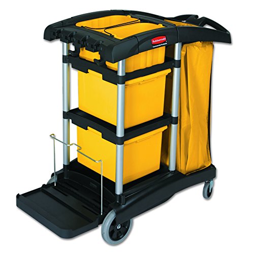 Rubbermaid Commercial Products High-Capacity Janitorial Cleaning Cart with Bins, Black, Zippered Vinyl Bag and Wheels, Transport Cleaning Supplies in School/Facility