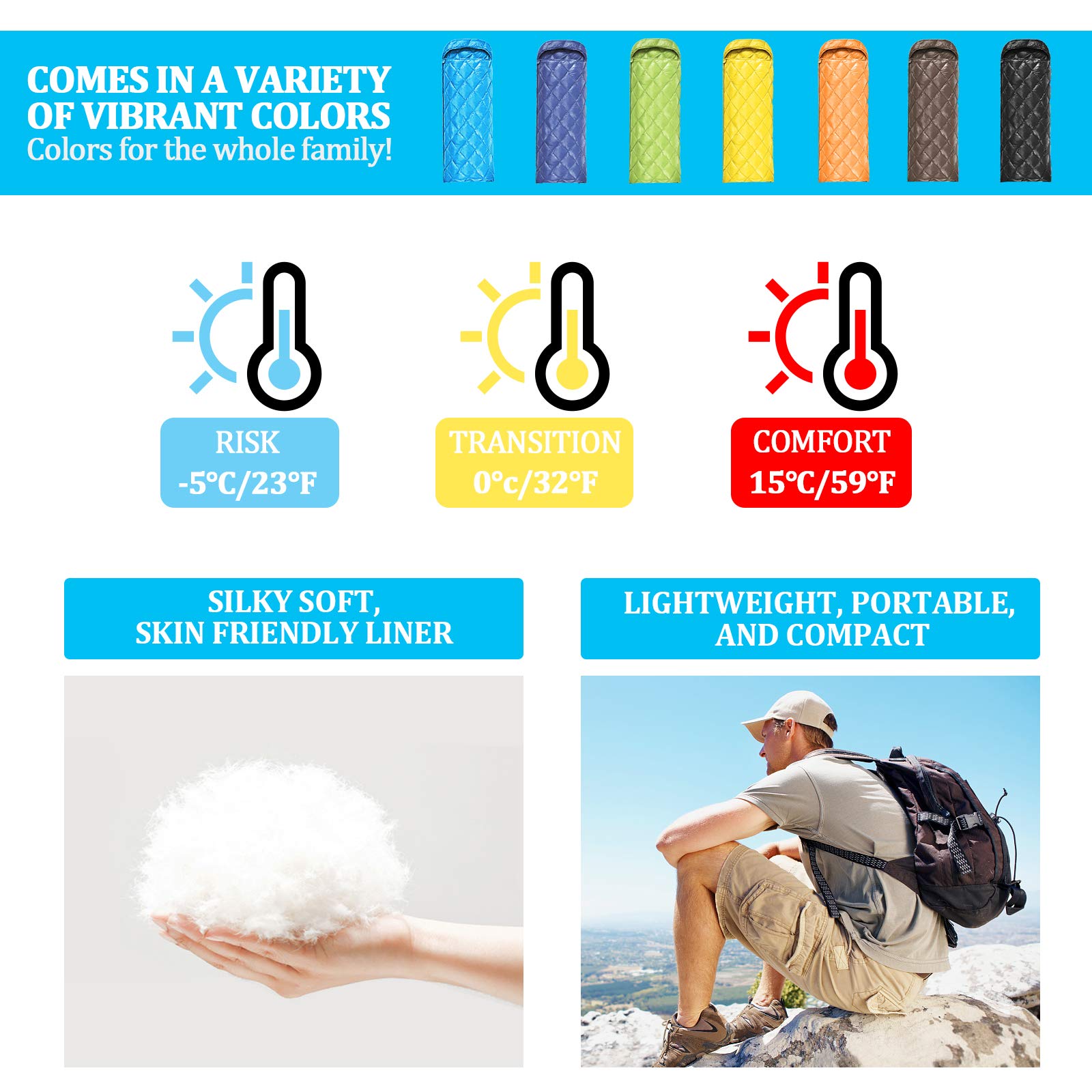 ECOOPRO Down Sleeping Bag, 32 Degree F 800 Fill Power Cold Weather Ultralight Compact Portable Waterproof Camping Sleeping Bag with Compression Sack for Adults, Teen, Kids