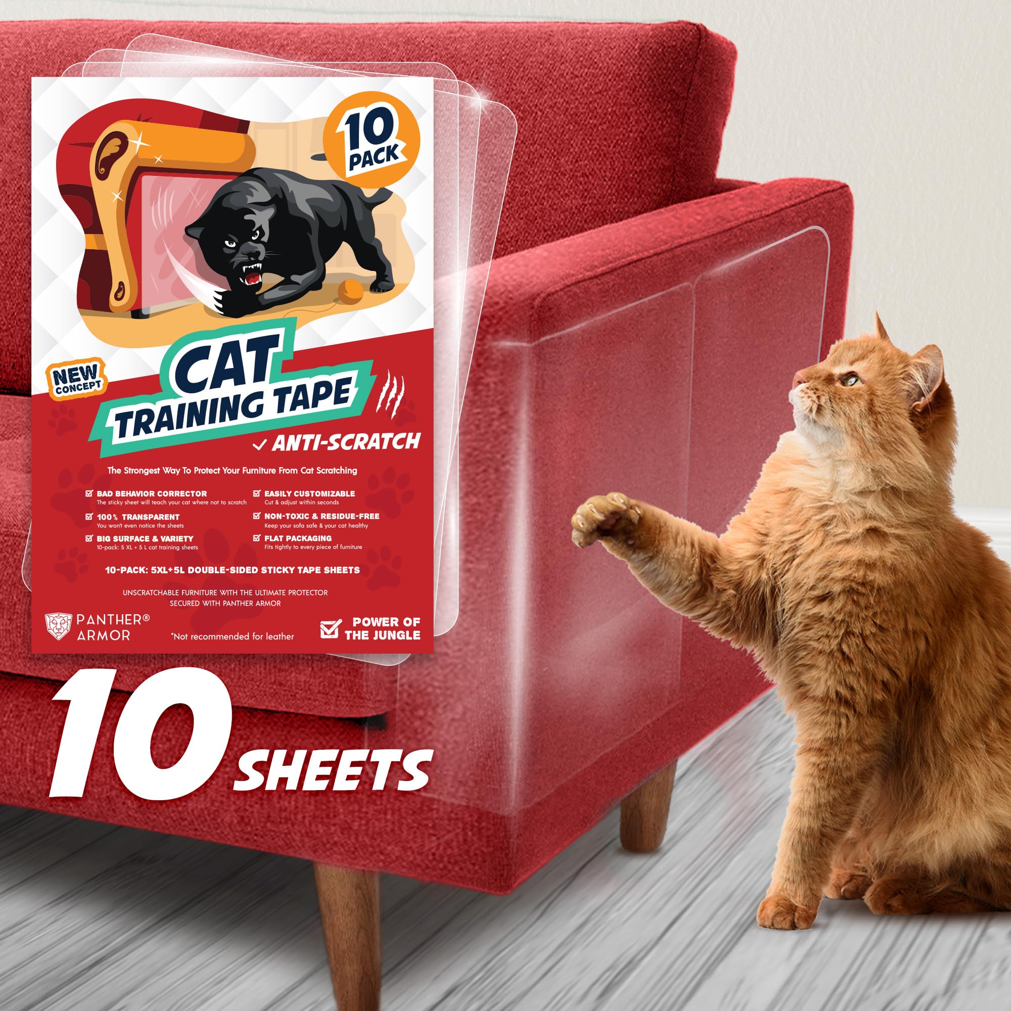 Panther Armor Cat Scratch Furniture Protector ā Double Sided Anti Cats Scratching Sticky Tape ā 10 Sheets, 5-Pack XL 16" L 12" W + 5-Pack Large 17" L 10" W Furniture Protectors ā Clear Training Tape