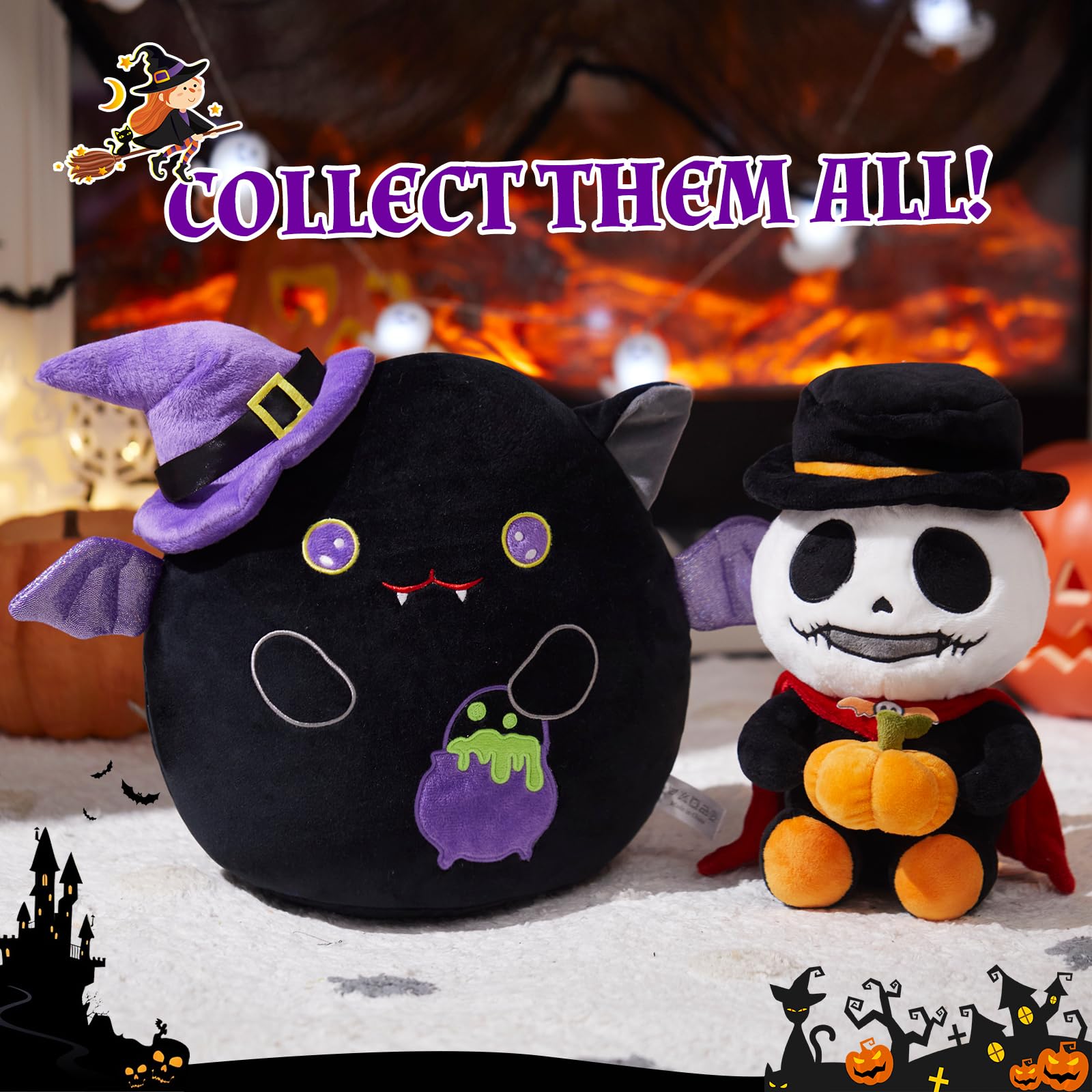 HappySpot Halloween Bat Plush,Black Bat Stuffed Animals with Purple Wizard Hat Witch Cauldron,Cute Halloween Bat Plush Toy,11.8'' Soft Halloween Bat Plushie Pillow Halloween Decoration Gifts for Kids
