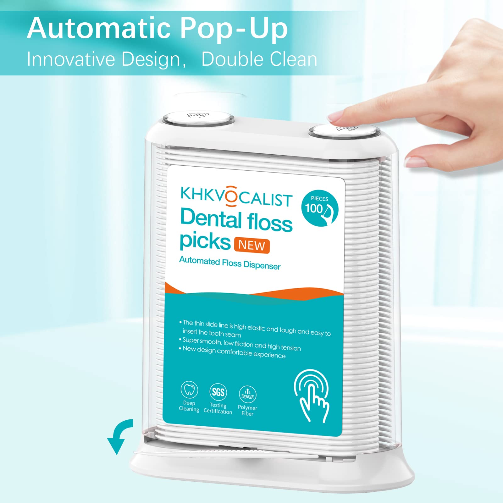 KHKVOCALIST Dental Floss Picks Dispenser, Pop-up Flossers Holder - Automatic Floss Dispenser - Reusable Dental Pick Dispenser, 1 Box 100 Count(White), Clean Teeth No Break, More Convenient(White)
