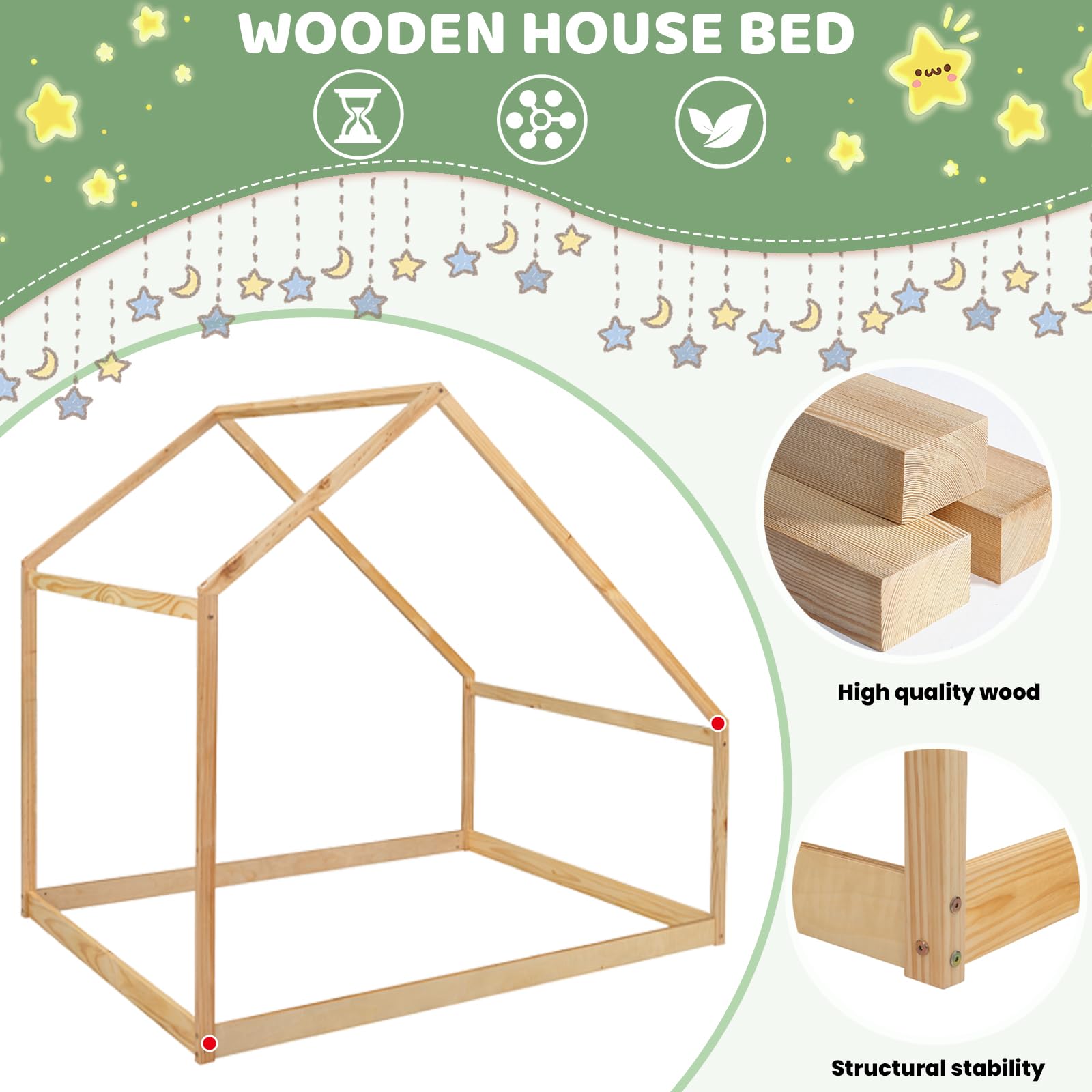 Merax Twin Bed Frames with Roof for Kids Girls Boys, Montessori Wooden House Shaped, Sturdy Framework, Easy Assembly, No Noise