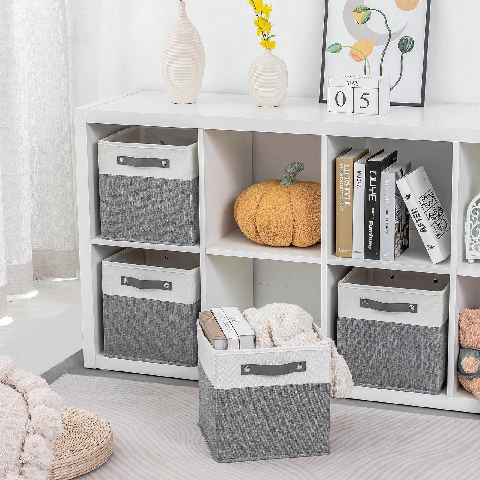 DULLEMELO 11x11 Cube Storage Bins Fabric Cubby Baskets, Foldable 11 x 11 storage cubes for Organizing Toys Books Towels Clothes, Cube Storage Organizer Bins for Shelves Closet Home Office, White&Grey