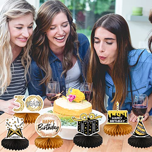 KIMOBER 9PCS 30th Birthday Honeycomb Centerpieces,Black Gold 30 Years Birthday Table Toppers for Thirty Years Birthday Party Decorations