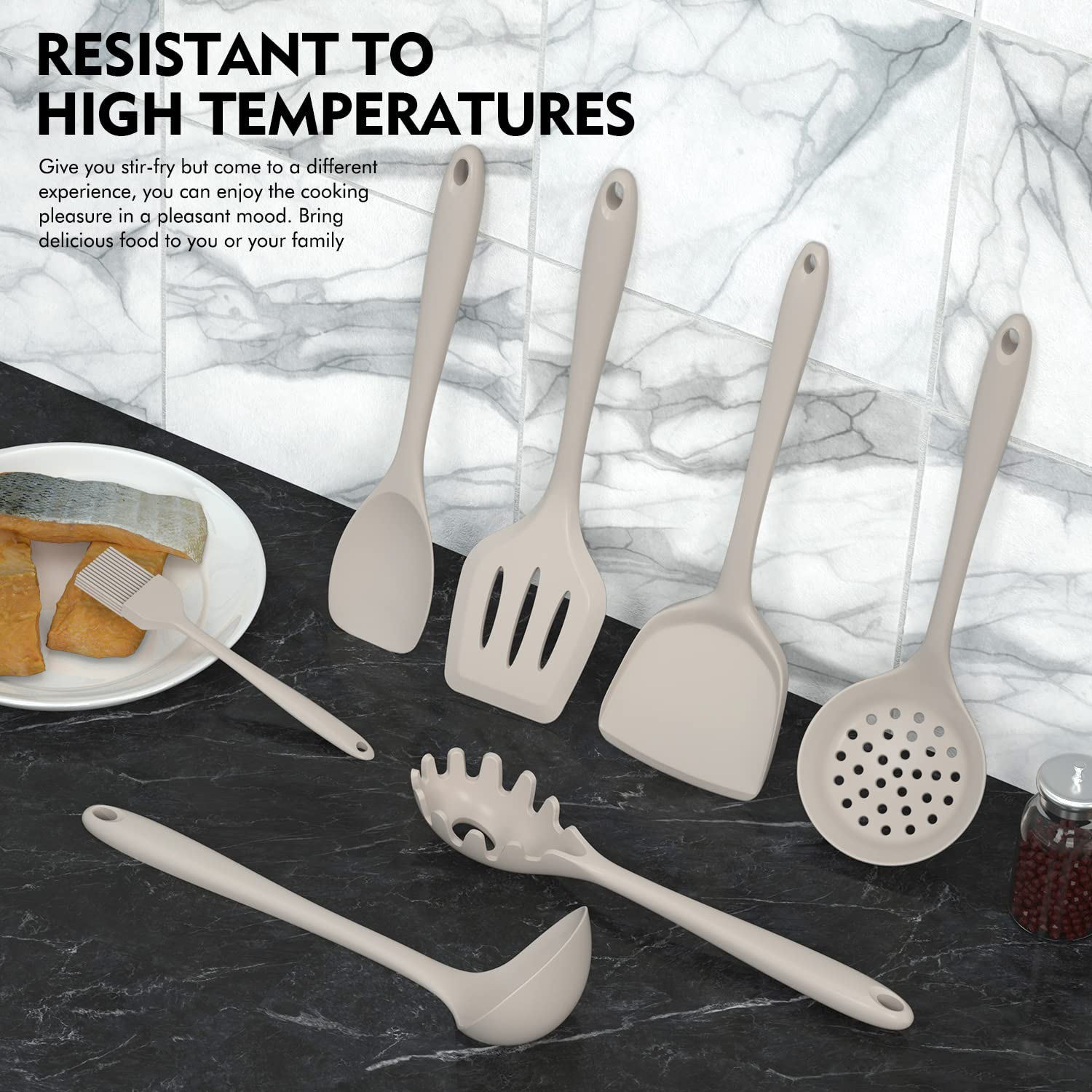 Dishwasher Safe Silicone Cooking Utensils Set - 446°F Heat Resistant Basic Silicone Kitchen Utensils,Turner Tongs, Spatula, Spoon, Brush, Whisk, Gadgets Tools for Nonstick Cookware (BPA Free - Grey)