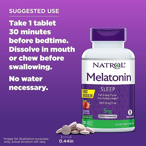 Natrol Melatonin 5mg, Strawberry-Flavored Dietary Supplement for Restful Sleep, 200 Fast-Dissolve Tablets, 200 Day Supply