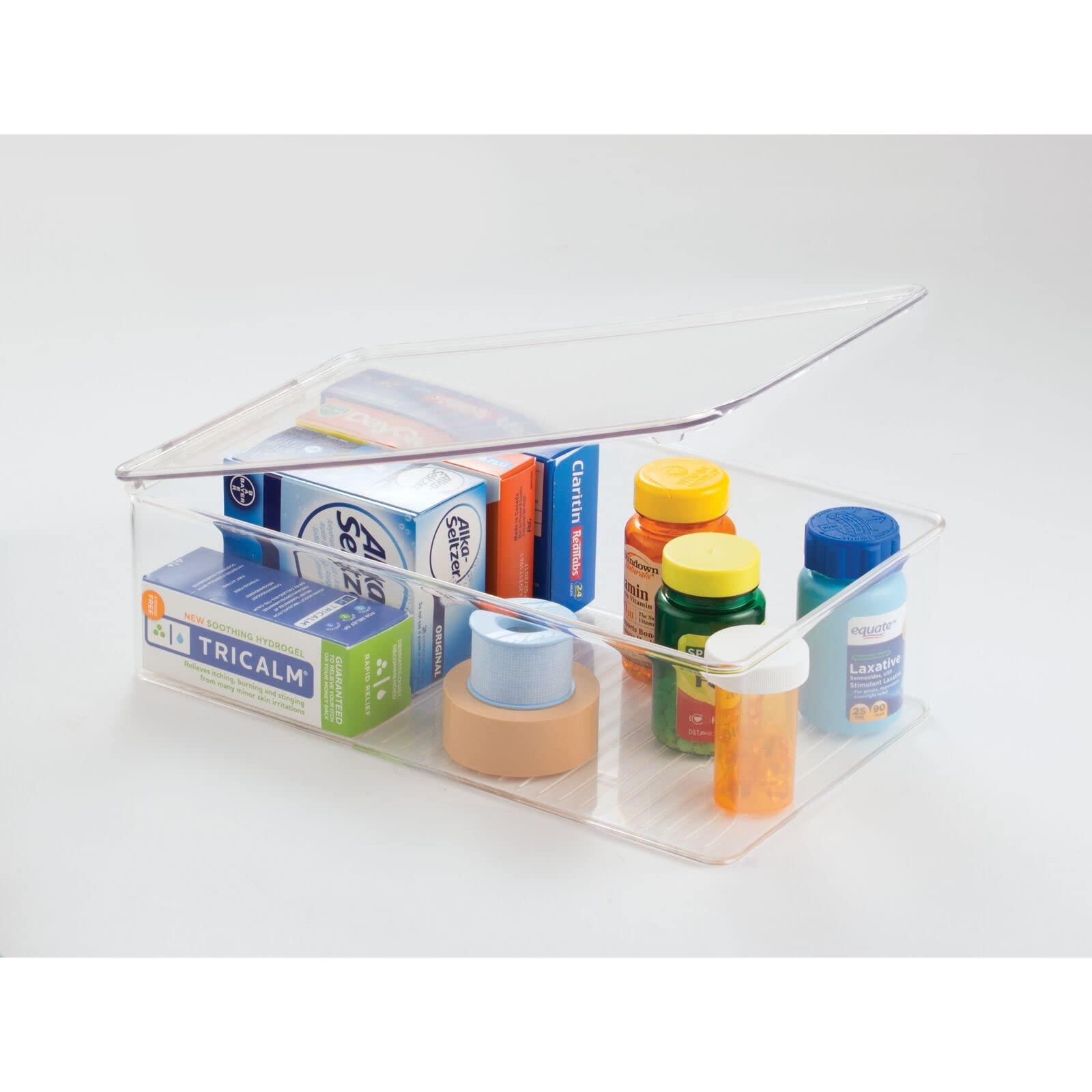 mDesign Plastic Bathroom Storage Organizer Box w/Hinge Lid for Closet Shelves, Cupboards, Holds Medicine, First Aid, Lotion, Cotton Swabs, Masks, and Styling Tools, Ligne Collection, 4 Pack, Clear