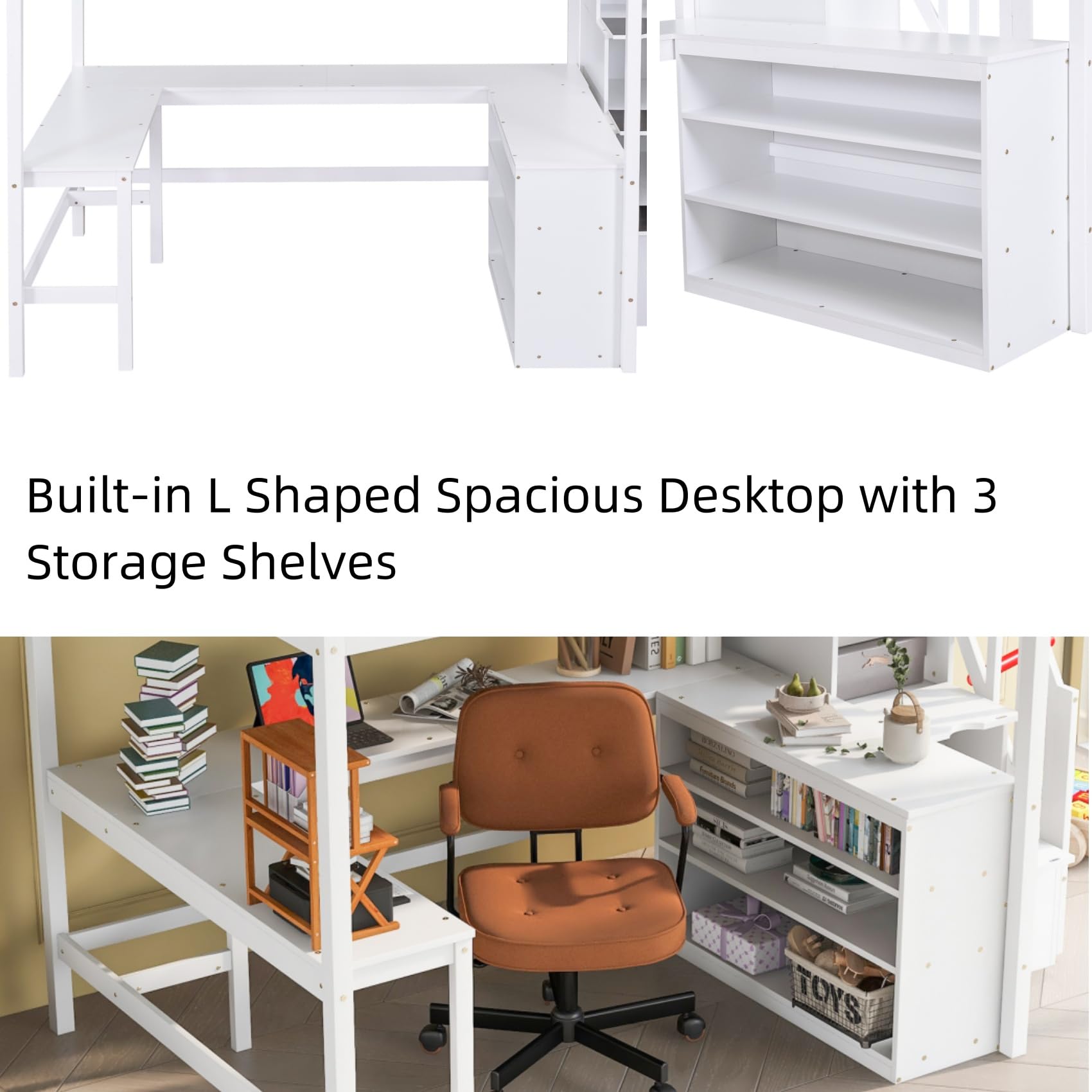 Merax Wood Full Size Loft Bed Frame with Built-in L Shaped Desk & 3 Storage Shelves & Attached Storage Stairs for Kids, No Box Spring Needed, White