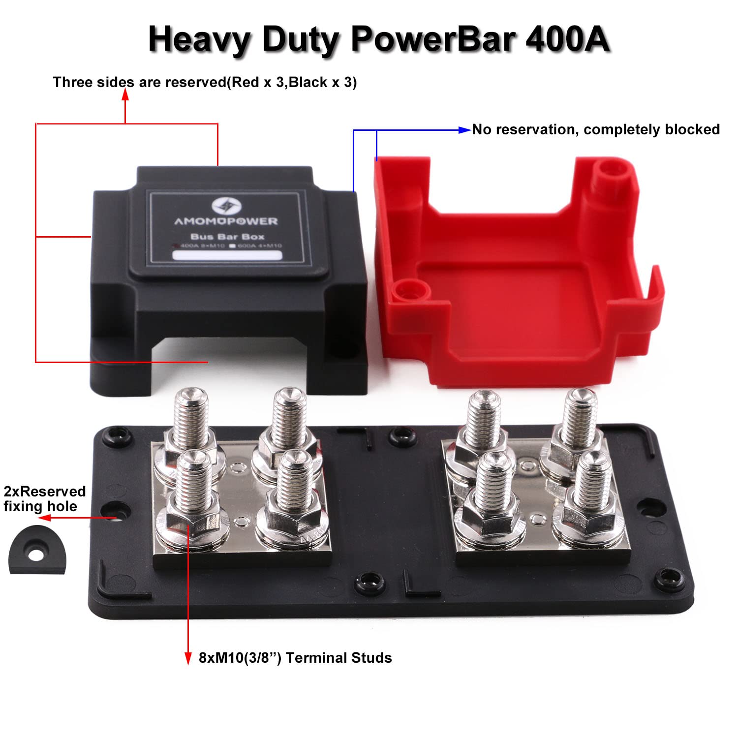 Gloaso Copper Bus Bar 12V- 48V 400A Heavy Duty Module 8X 3/8" Studs Terminals Power Distribution Blocks 400 Amp Battery Busbars Box with Cover for Car Marine Boat RV Solar, Positive& Negative
