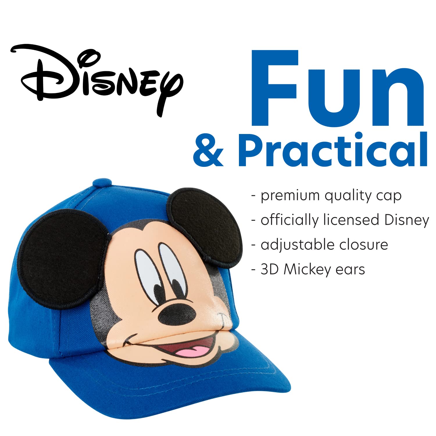 Disney Boys' Mickey Mouse Baseball Cap - 3D Ears Curved Brim Strap Back Hat (4-7), Size 4-7 Years, Mickey Mouse Ears Blue