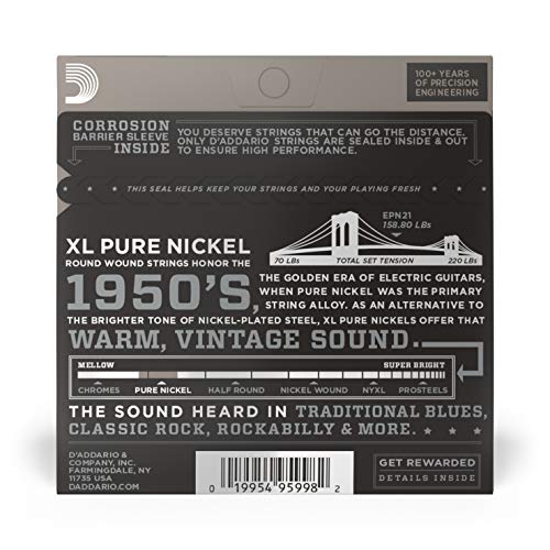 D'Addario Guitar Strings - XL Pure Nickel Electric Guitar Strings - Round Wound - Warm, Bright, Vintage Sound - EPN21 - Jazz Light, 12-51