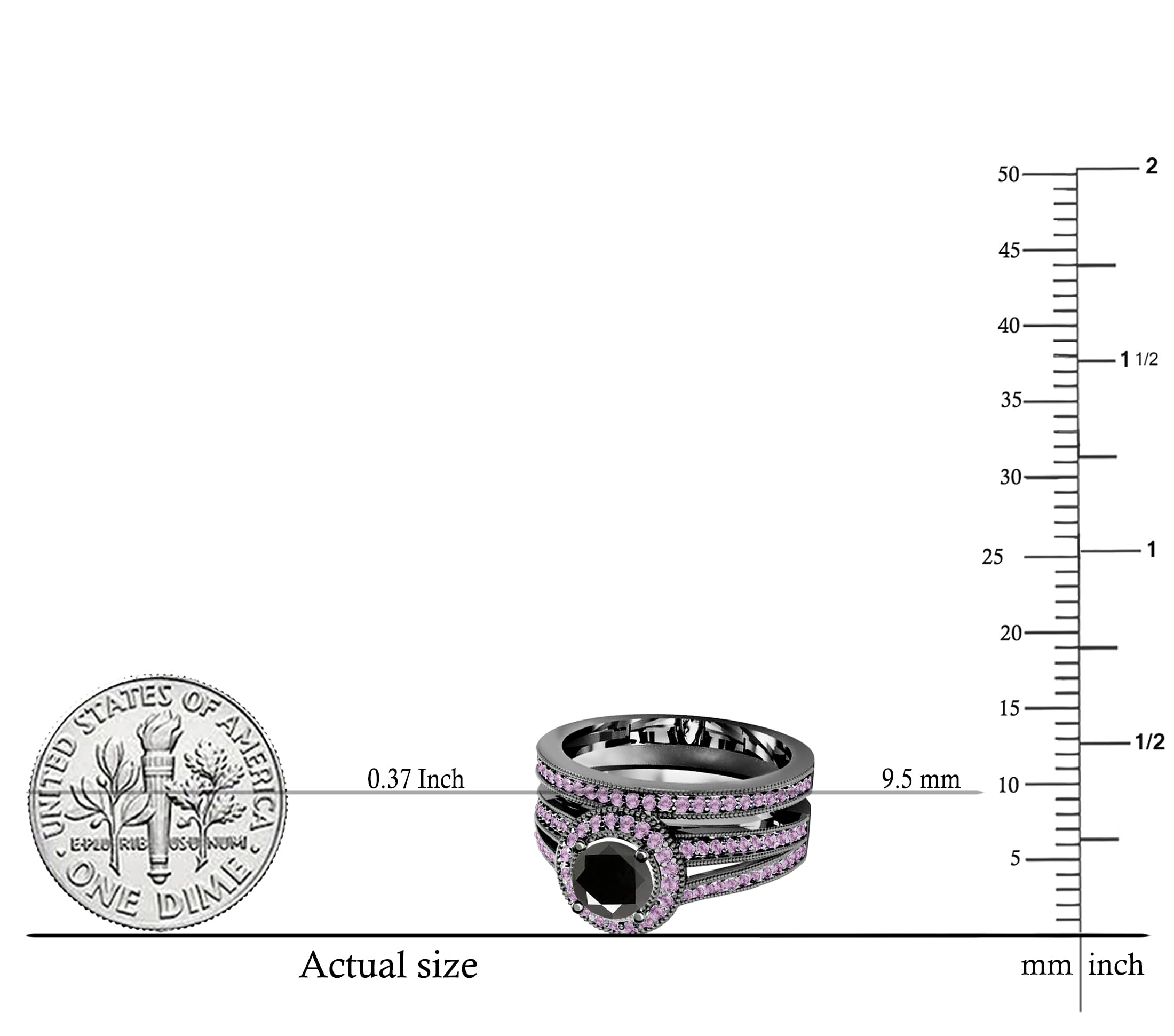Dazzlingrock Collection Black Rhodium Plated 10K Round Amethyst & Black Diamond Halo Wedding Ring Set in 10K White Gold, Size 7