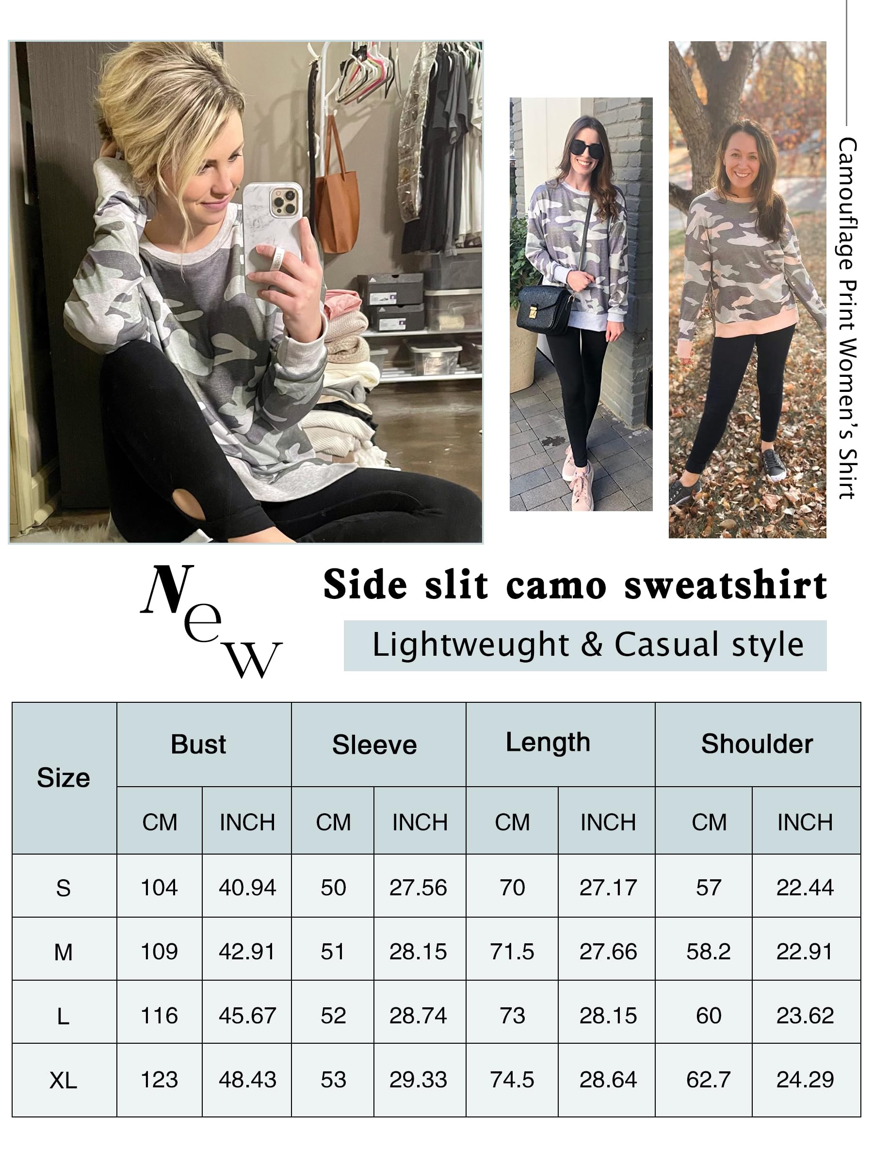 ECOWISH Women Side Split Sweatshirt: Fall Crewneck Long Sleeve Oversized Camo Shirts Casual Camouflage Print Pullover Tops 017 Gray Green M