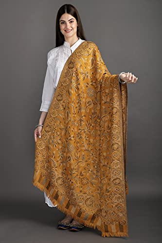 Exotic India Reversible Jamawar Shawl from Amritsar with Woven Flowers - Wool - Color Butterscotch