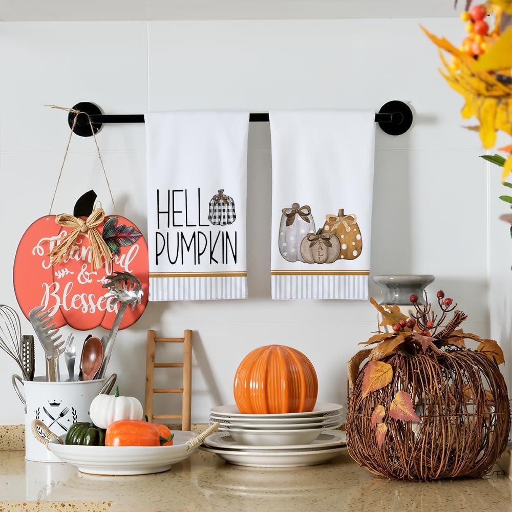 GEEORY Fall Kitchen Dish Towels Set of 2 for Fall Decor,Hello Pumpkin Beige Plaid Bowknot Orange Printed Pumpkin 18x26 Inch Drying Dishcloth,Farmhouse Home Decoration GD107