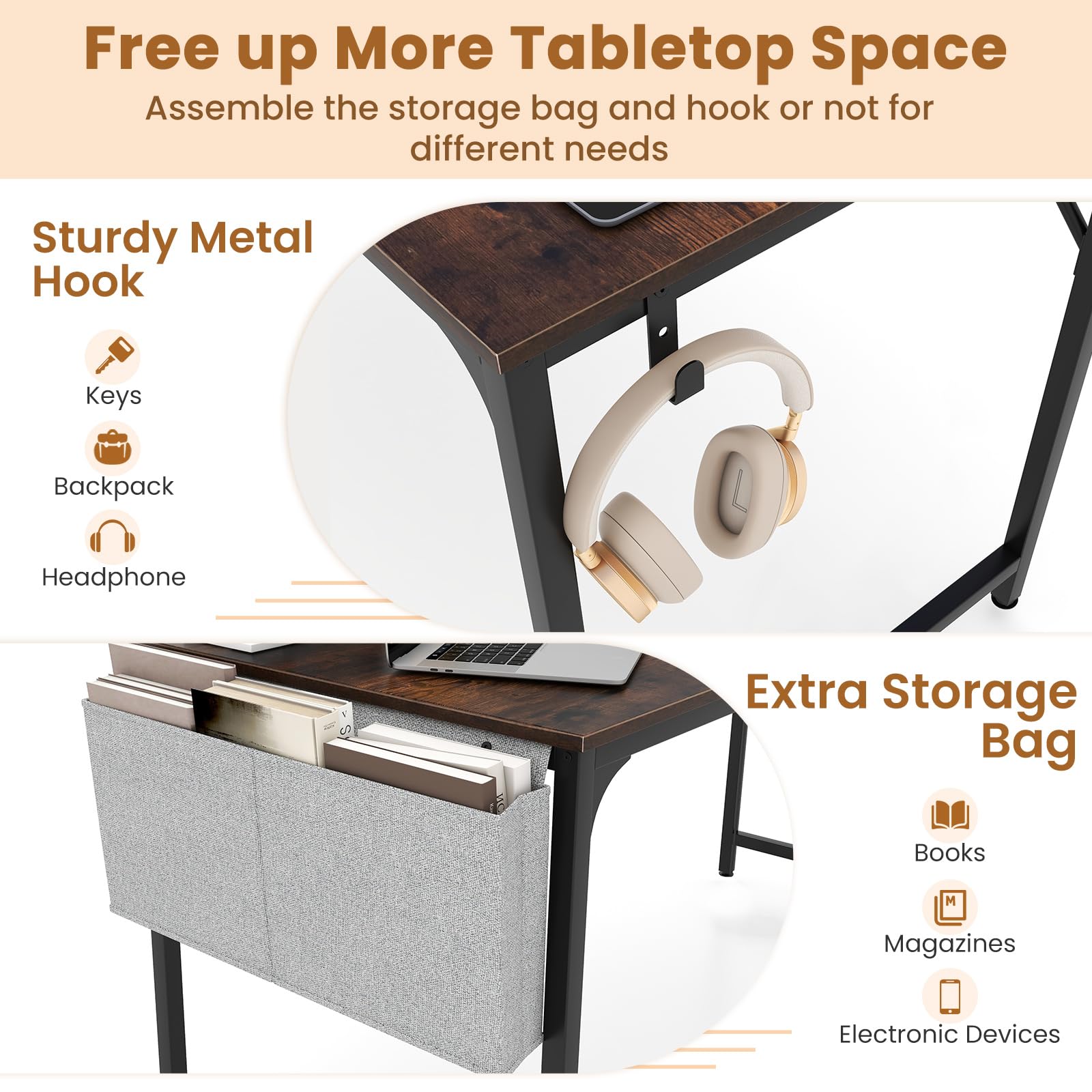Giantex 32 Inch Computer Desk with Charging Station, Home Office Writing Desk with Storage Bag & Headphone Hook, Compact Gaming Table PC Workstation, Modern Simple Laptop Desk for Bedroom, Study