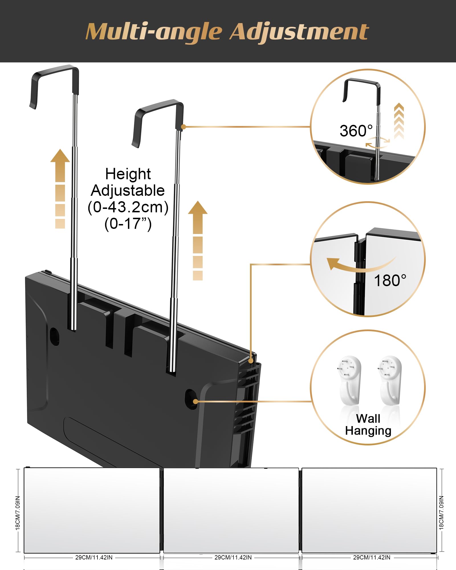 JUSRON 3 Way Mirror for Hair Cutting, 360 Mirror with Height Adjustable Hooks for Door, Bathroom, Portable Trifold Shaving Barber Mirror for Makeup, Cut, Trim (Black Without LED)