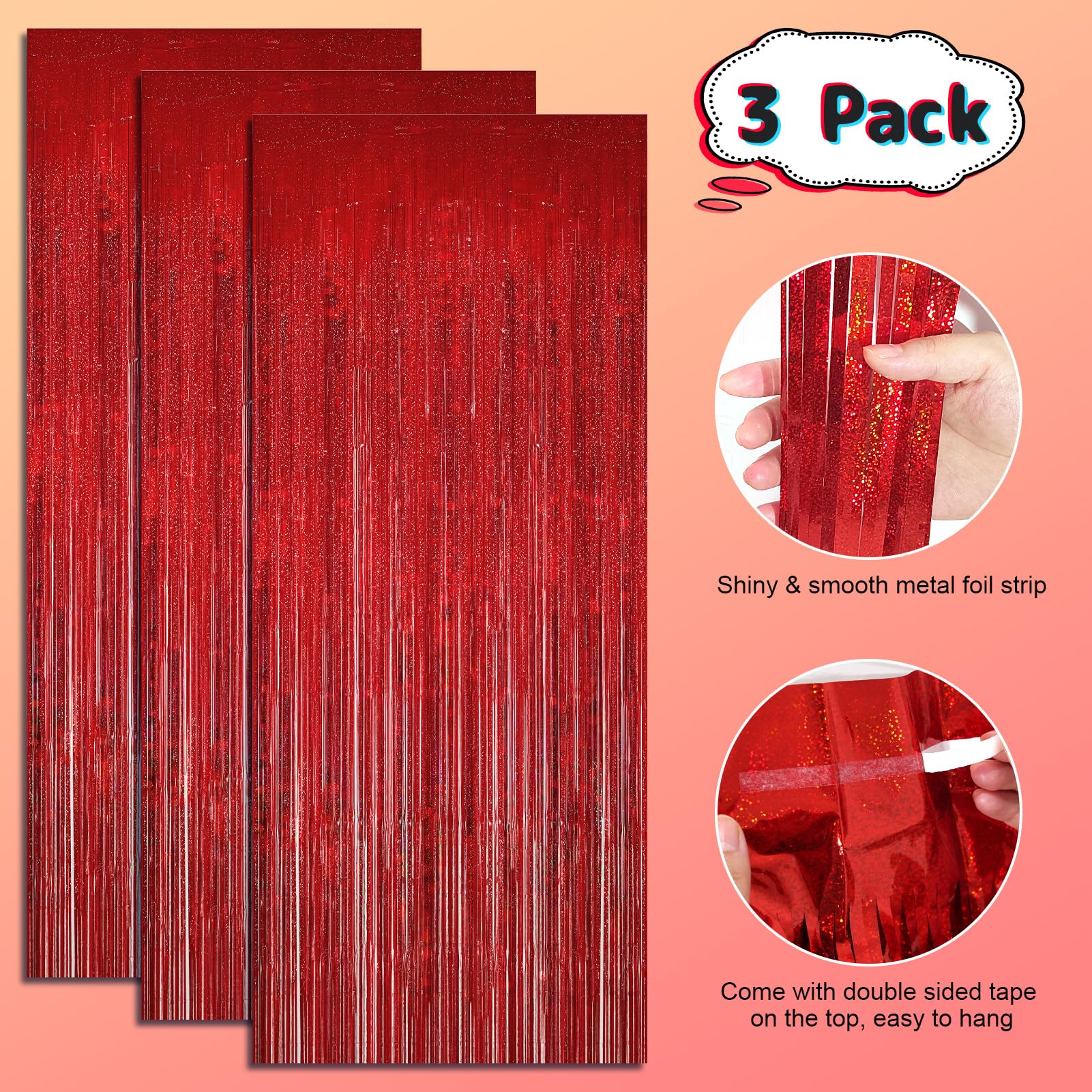 Merear Backdrop for Party Decorations, 3 Pack Foil Fringe Curtains Party Decor 8.2 * 3.3 FT Tinsel Streamers Birthday Party Decorations Photo Fringe Backdrop for Party, Graduation