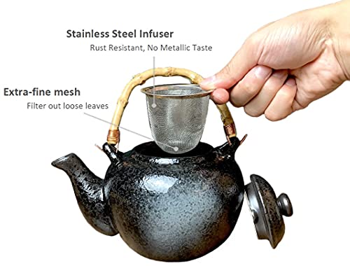 Japanese Asian Tea Set Ceramic Teapot with Strainer, Rattan Handle, 4 Tea Cups, Tea Scoop, Wooden Serving Tray and Instructions - Modern Teapot Set for Home and Office - Gift
