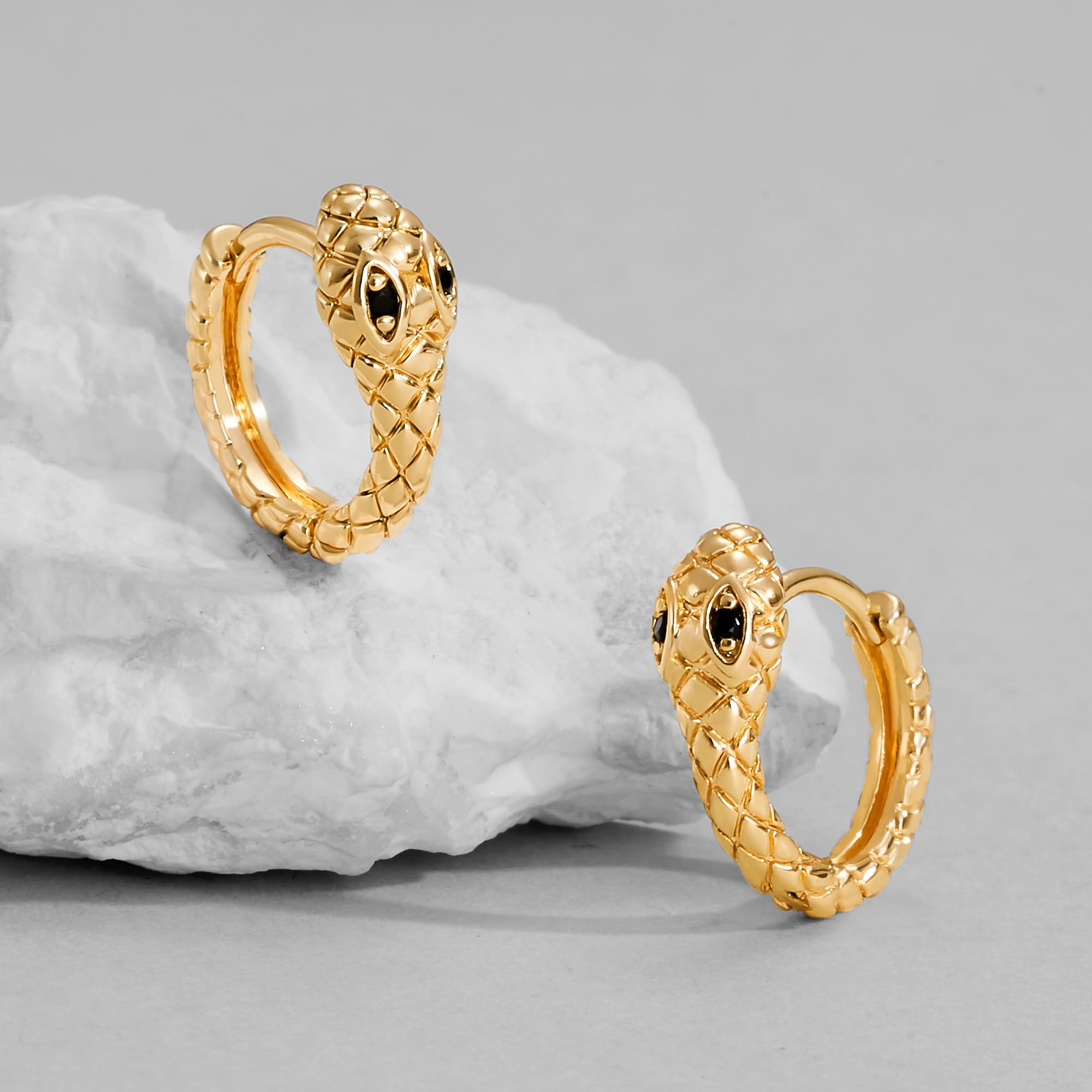 DREMMY STUDIOS Dainty Gold Snake Huggie Hoop Earrings 14K Gold Filled Snake Charm Huggie Earrings Hypoallergenic Black Eye Snake Hoop Earrings Minimalist Personalized Gift for Her