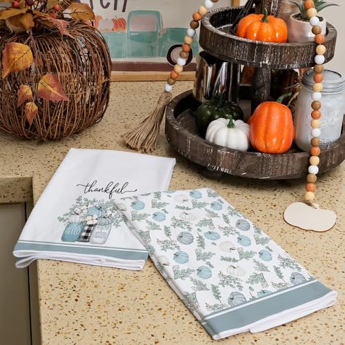 GEEORY Fall Kitchen Dish Towels Set of 2 for Fall Decor,Hello Pumpkin Blue Buffalo Plaid Printed Pumpkin 18x26 Inch Drying Dishcloth,Farmhouse Home Decoration GD118