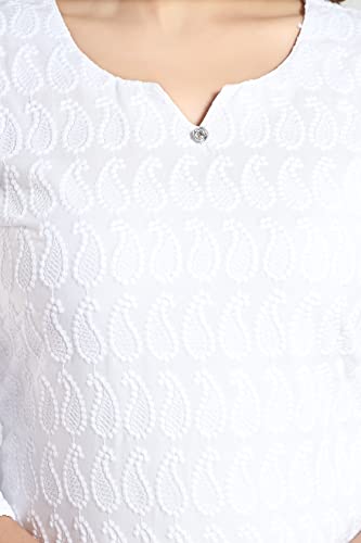 QUEEN SHIELD Women's Chikan-Kari Long Knee Length Kurti(White)(L)(40White9999)