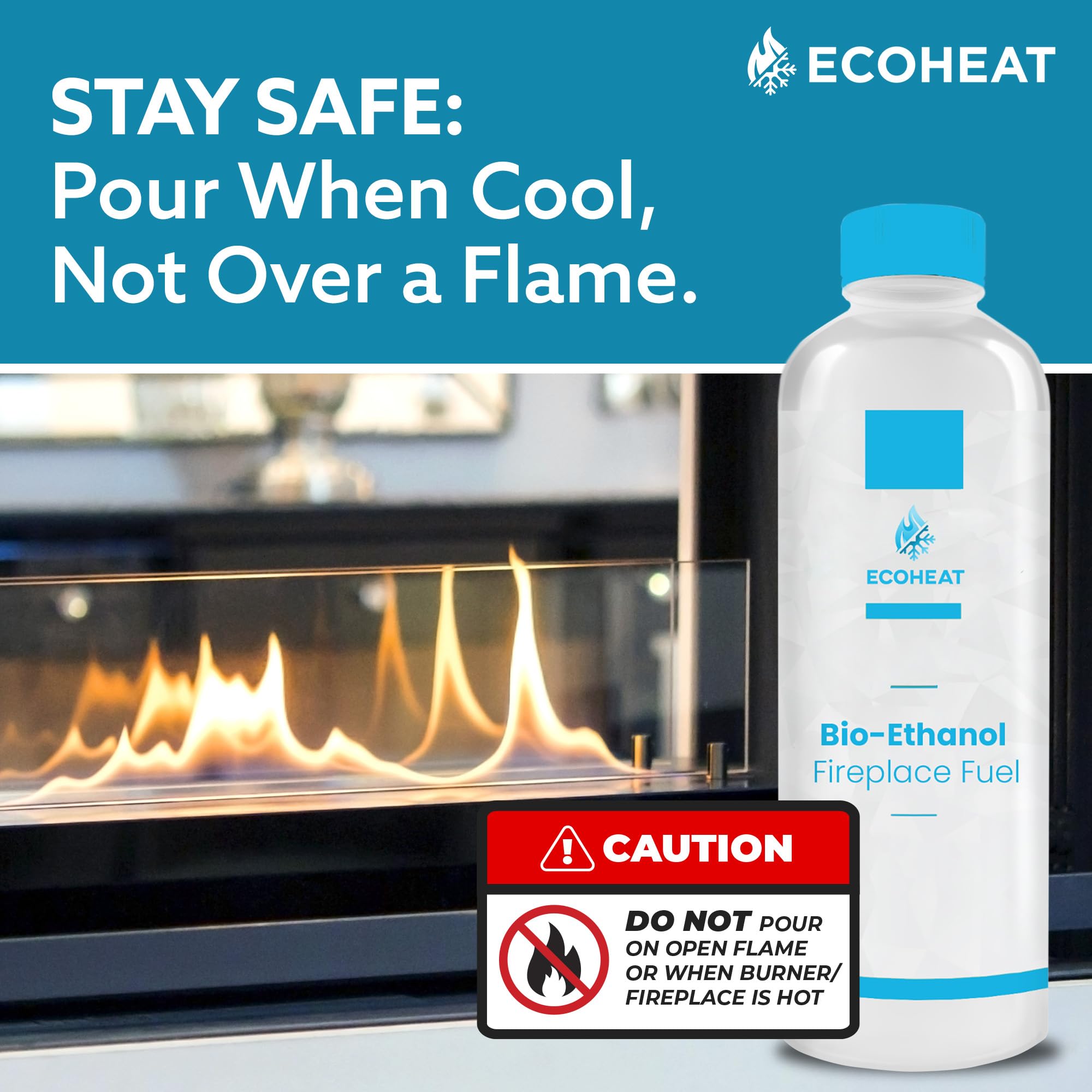EcoHeat Bio-Ethanol Fireplace Fuel - Clean-Burning, Smokeless, and Versatile - Ideal for Ventless Fireplaces, Tabletop Fire Pits - 1 Liter