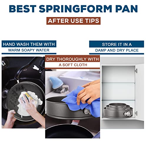 RFAQK 100pcs Cake Pan Set for Baking + Cake Decorating Supplies: 3 Round Non Stick Springform Pan Set (4, 7, 9 inches), Icing Tips, Cake Leveler – Multi-functional Leak-Proof Cheese Cake Pans & eBook