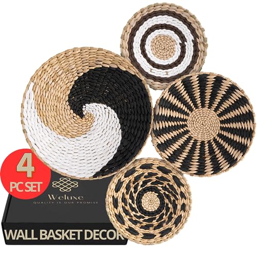 Wicker Wall Basket Decor Set of 4 - Black, Brown & White - Woven Boho Macrame Wall Hanging - Hook Attached for EASY Hanging - Wall Hanging Decor for Farmhouse Style