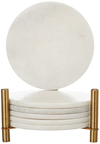 Queenza Marble Coasters for Drinks, Set of 6 Coasters with Holder, Pearl White Marble Coasters 3.5 Inch Wide 5 mm Thick Gold Coasters For Drinks, Both Side Polish For Scratch Free Surface Coaster Set