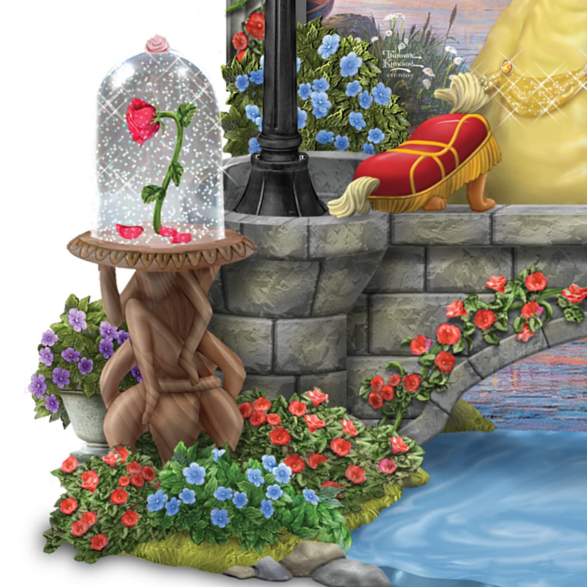 Disney A Tale of Enchantment Hand-Painted Beauty and The Beast Sculpture Adorned with Glitter Accents and Backdrop Art from Thomas Kinkade Studios