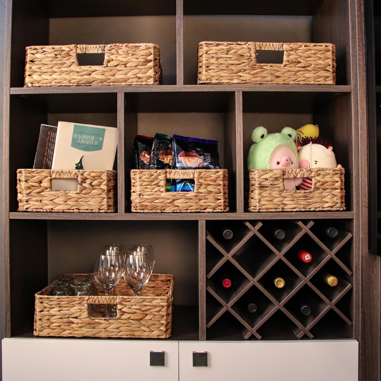 Rectangular Water Hyacinth Storage Baskets, Wicker Storage Baskets for Shelves, Square Shallow Basket, Woven Drawer Basket With Handle, 15.2” L x 12” W x 4.7” H