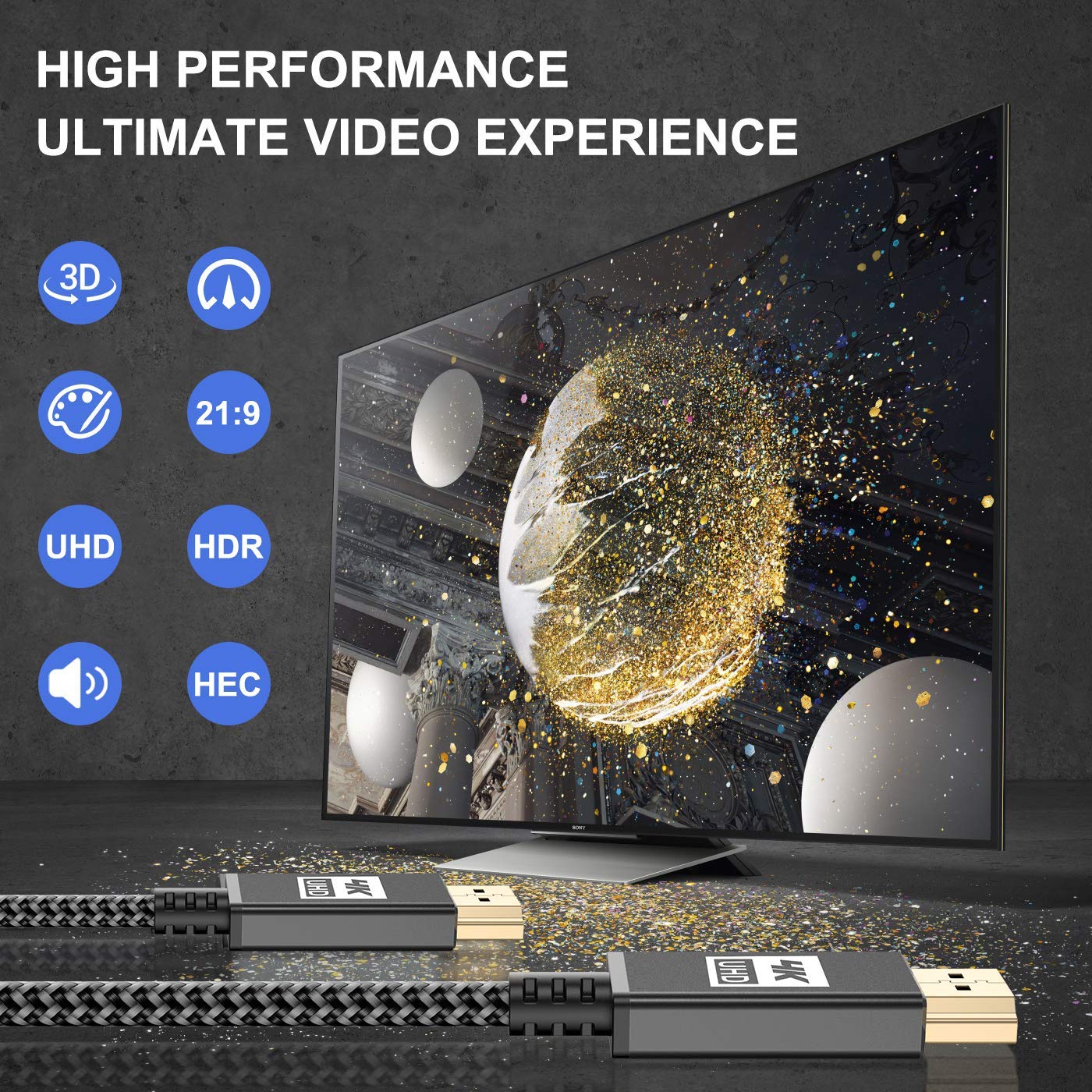 sweguard HDMI Cable 10ft [4K@60Hz, 1080P@144Hz], 4K HDMI 2.0 Cable High Speed 18Gbps Gold Plated Nylon Braided Supports HDR,HDCP 2.2, 2160P,3D,ARC for Roku TV PS5 PS4 Xbox HDTV Blu-ray&Monitor-Black