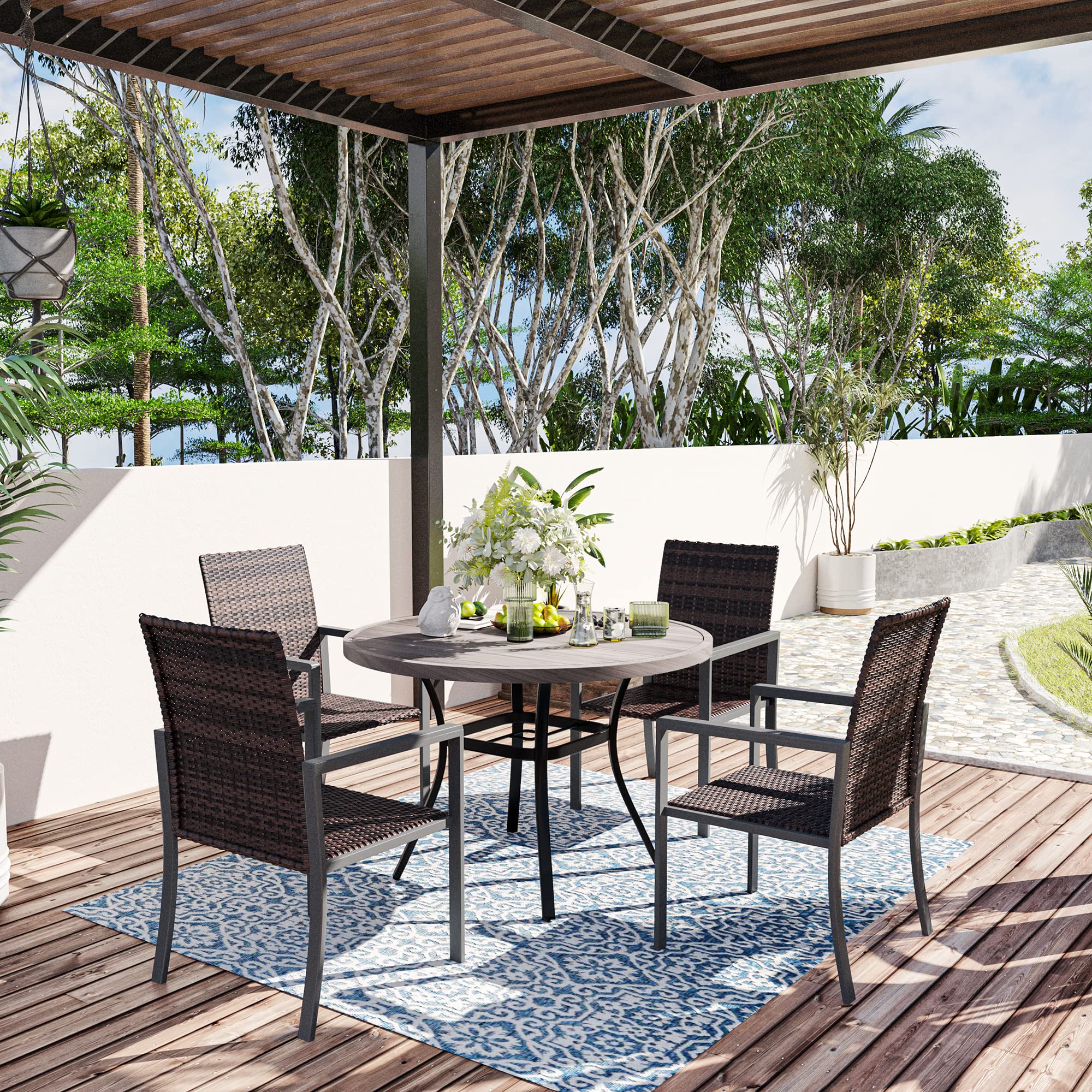 VICLLAX 5-Piece Patio Dining Set, Outdoor Furniture Set Includes 42" Round Patio Table and Outdoor Wicker Chairs for Lawn Garden, Grey Wood-Like Table
