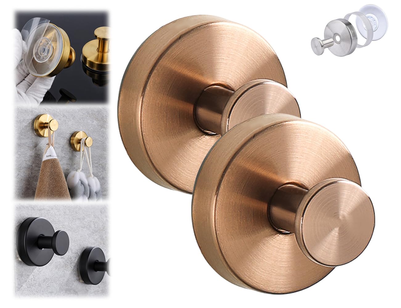 ONUNWU Luxe Hold No-Drill Hooks, Upgraded Suction Cup Hooks for Shower, Removable Reusable Stainless Steel Waterproof Suction Cup Hooks, Shower Hooks for Kitchen,Glass,Window,Mirror (2, Rose Gold)