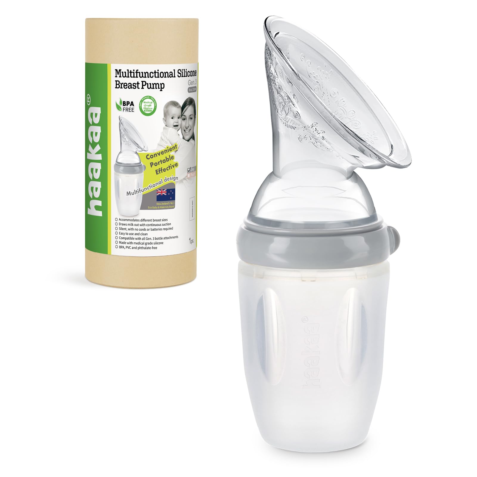 haakaa Gen.3 Manual Breast Pump 5.4oz/160ml | Multi-Functional Silicone Breast Pump for Breastfeeding | Detachable Silicone Pump and Bottle Design, Color: Peach