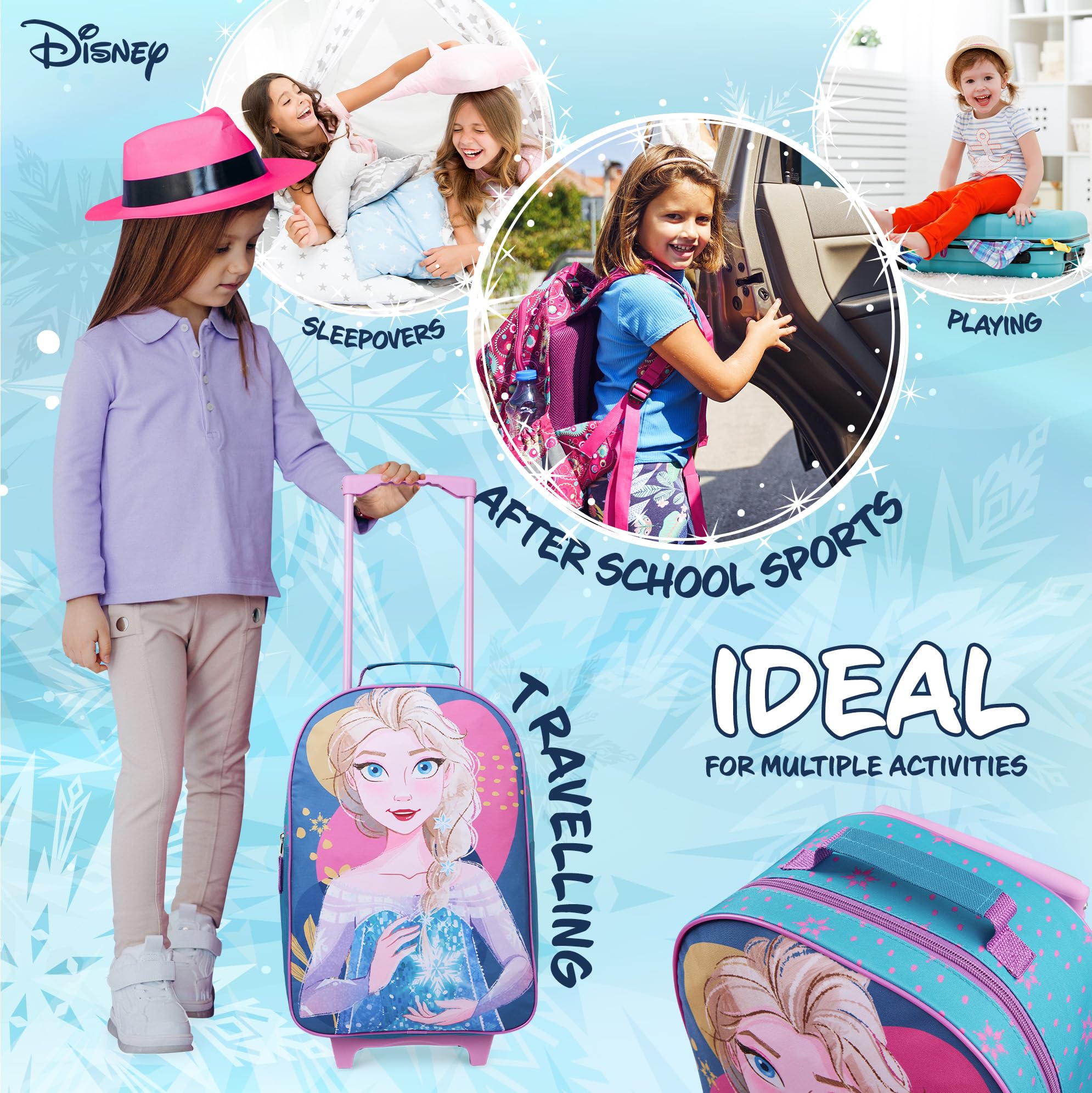 Disney Foldable Suitcase for Girls with Wheels, Trolley Hand Luggage Bag - Minnie Mouse Carry On Travel Bag for Kids (Blue Elsa)