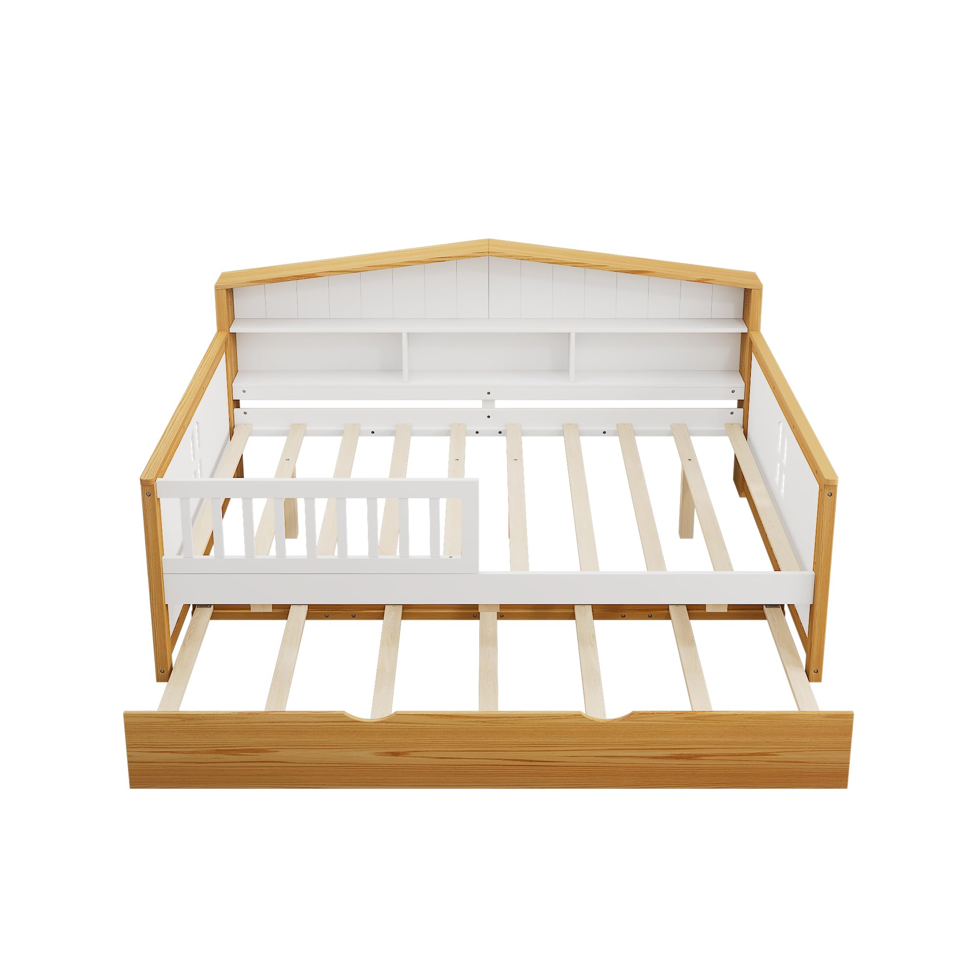 MERITLINE Full Size Daybed with Trundle and Bookcase Headboard, Wood Daybed Sofa Bed with Charming House-Shaped Design,Kids Bed Frames with Windows and Safety Rails,Walnut and White