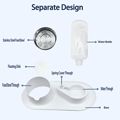 Tfwadmx Rabbit Double Bowls Bunny Automatic Water Dispenser Detachable Plastic Bottle Adjustable Titled Neck Protection Food Feeder for Chinchilla Cat Puppy Squirrel and Other Small Animals
