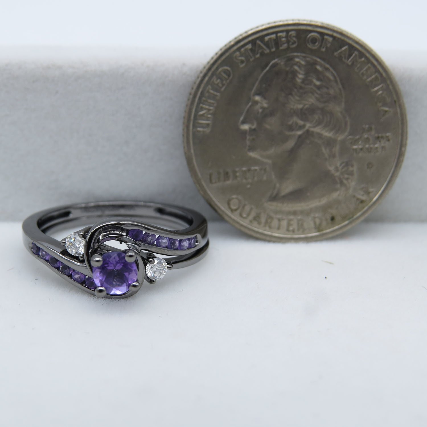 Dazzlingrock Collection Round Amethyst & White Diamond Swirl Bypass Wedding Ring Set for Women Black Plated in 10K White Gold, Size 6