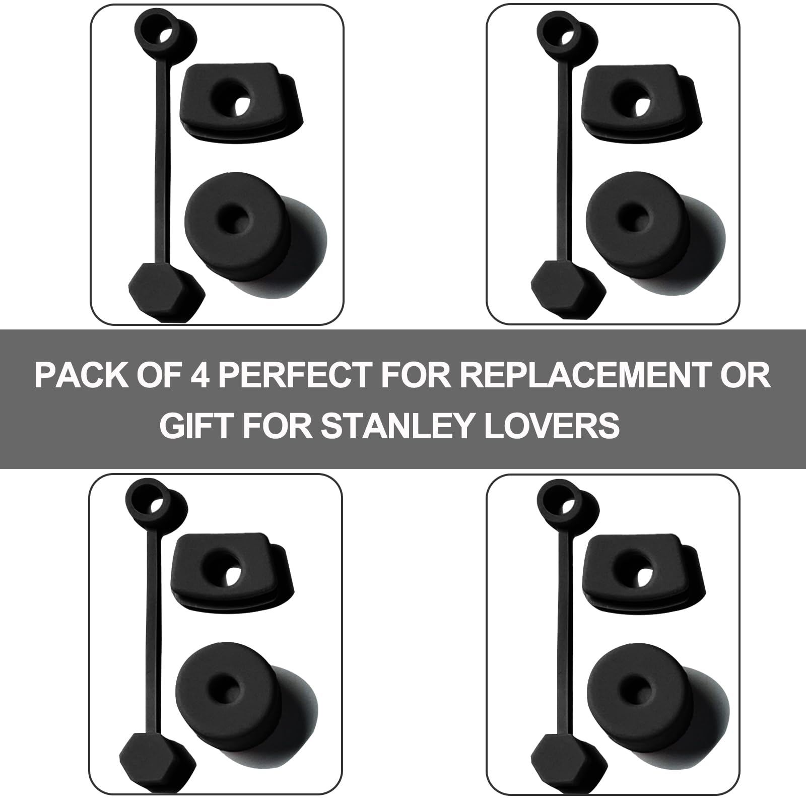 DUNLAGUE Silicone Spill Stopper Set for Stanley Cup 2.0 30oz & 40oz with Straw Cover (Set of 4, Black)