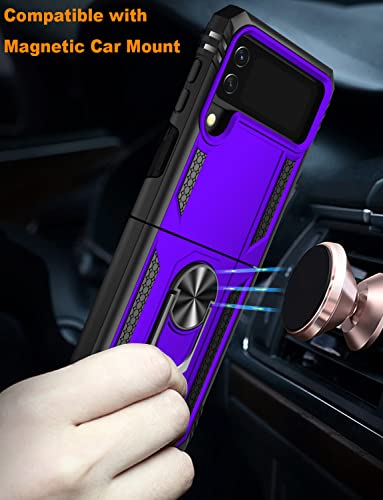 IKAZZ Galaxy Z Flip 3 Case,Samsung Z Flip 3 Cover Military Grade Shockproof Heavy Duty Protective Phone Case Pass 16ft Drop Test with Magnetic Kickstand Holder for Samsung Galaxy Z Flip 3 Purple