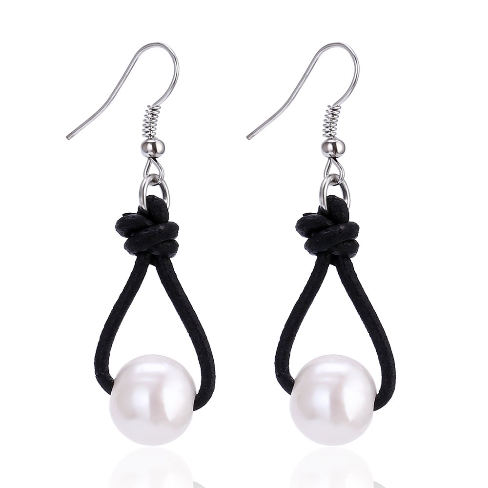 Freshwater White Pearl Dangle Earrings Genuine Leather Cord Hook Drop Bohemian Jewelry for Women Black