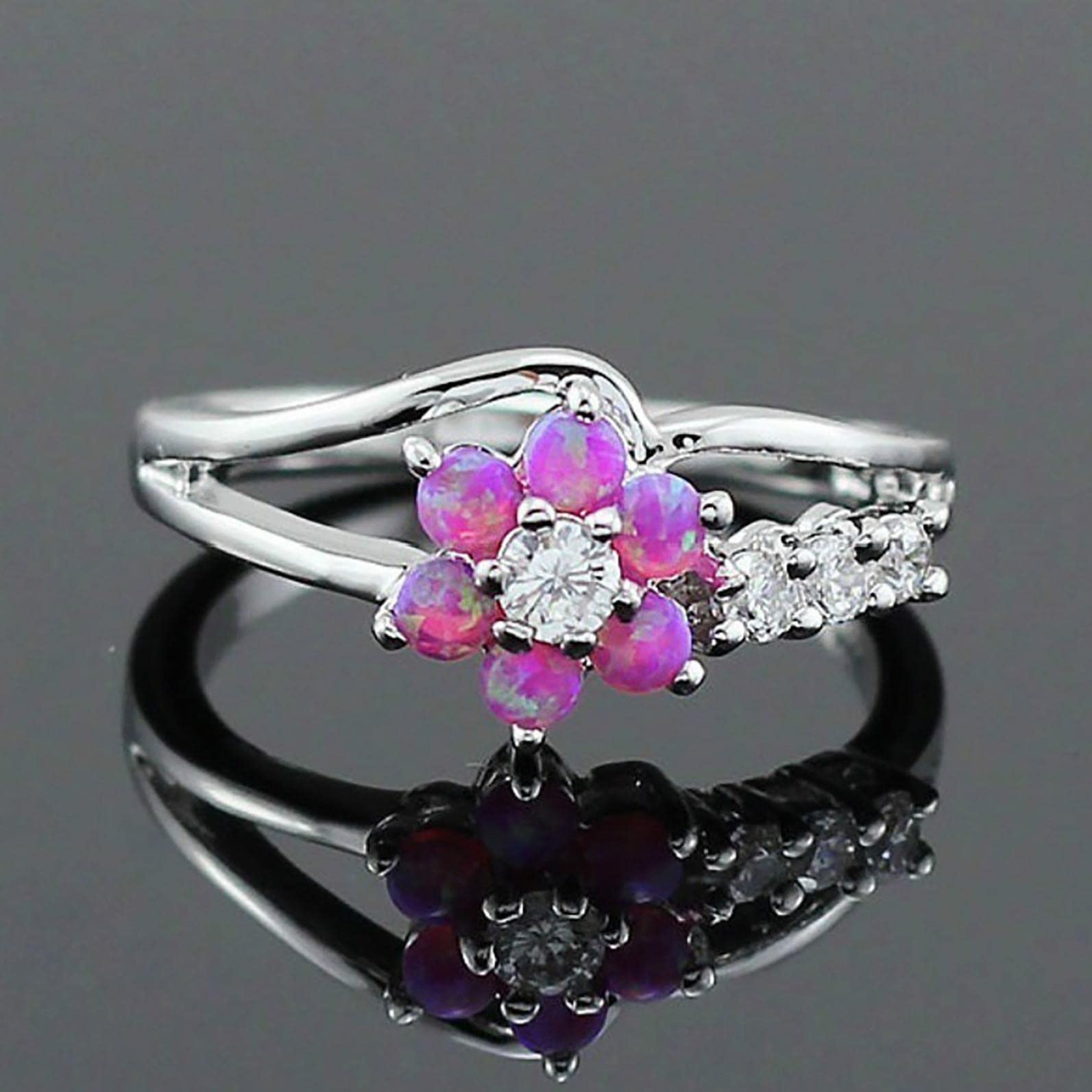 Exquisite Floral Opal Ring for Womens Pink/White Zircon Jewelry Rings Vintage Ladies Copper Ring Engagement Ring, 6