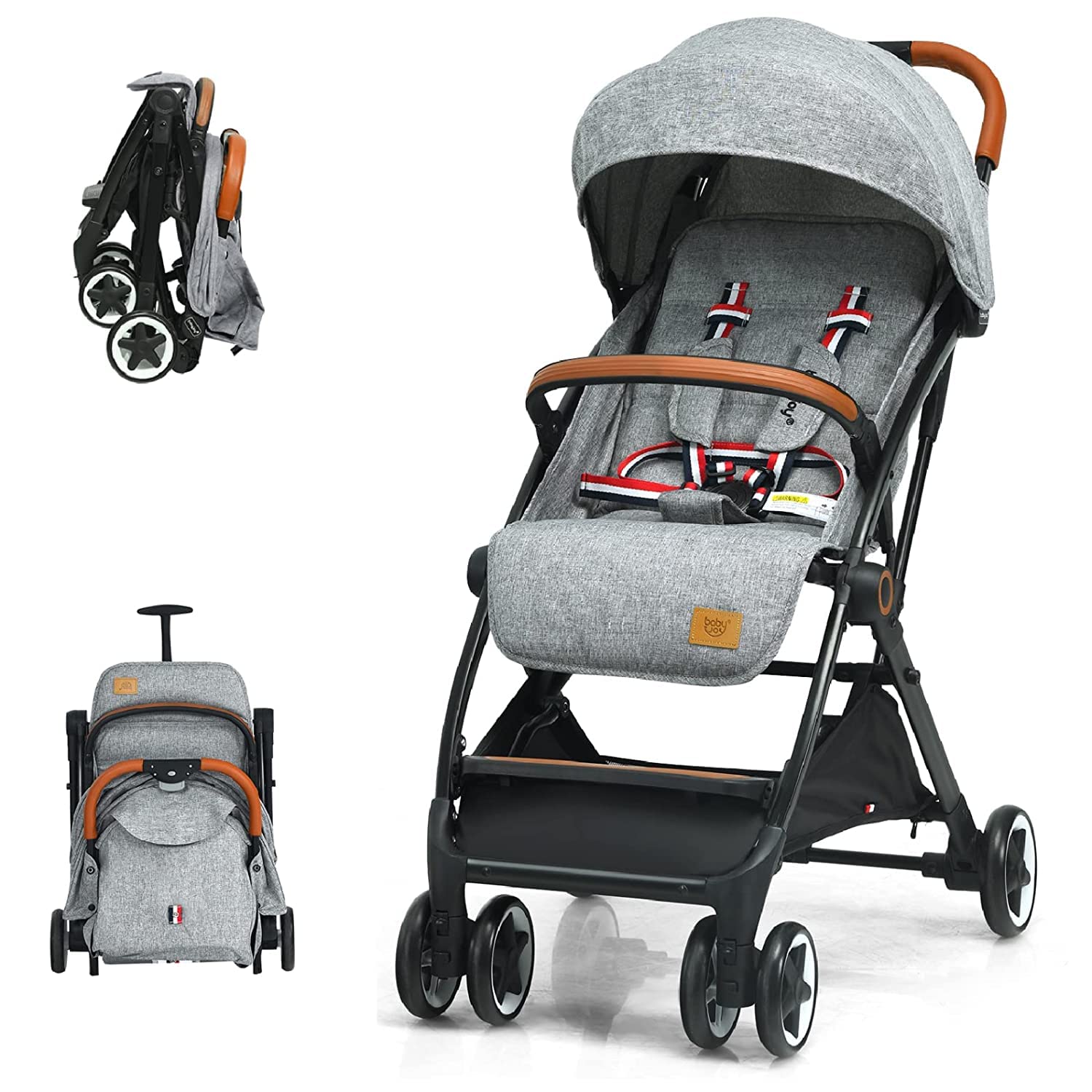 HONEY JOY Lightweight Stroller, Foldable Baby Stroller w/One-Hand Fold, Adjustable Canopy/Backrest/Footrest, Storage Basket, Compact Travel Stroller for Airplane, Umbrella Stroller for Toddler (Gray)