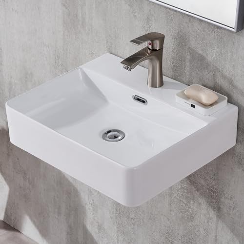 IKEBANA Wall Mount Sink,Small Bathroom Sink 20"X 17",White Ceramic Bathroom Vessel Sink,Modern Floating or Countertop Porcelain Rectangle Washing Lavatory Sink