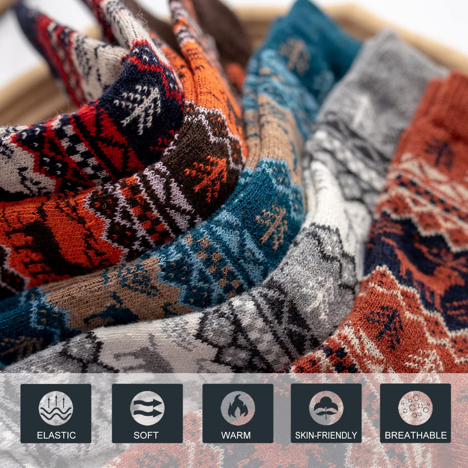 DOOVID Unisex Athletic Socks Women Men Knit Wool Socks Winter Socks Cotton Warm Socks Christmas Gift 5 Pairs Deer